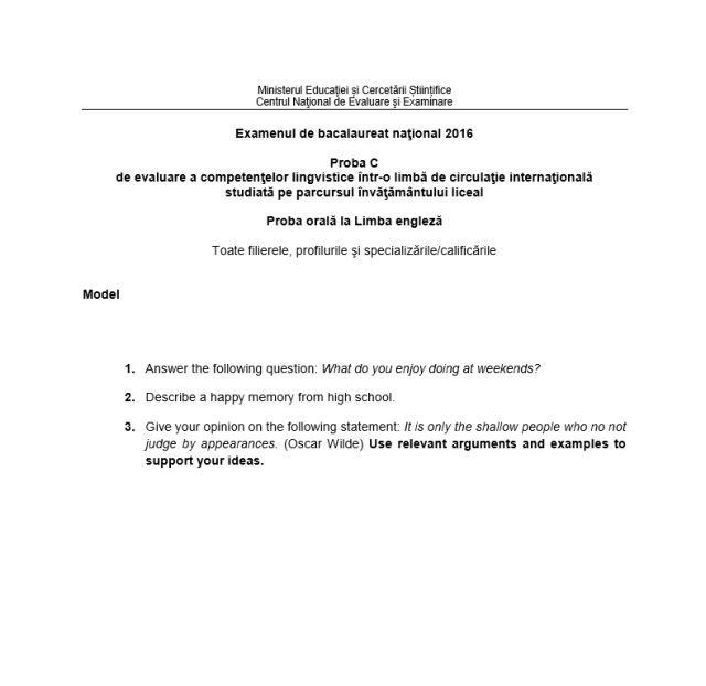 Modele de subiecte proba C Competente lingvistice - Limba engleza